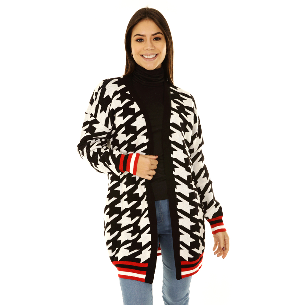 Suéter Dama Curvy Abierto Diseño Pata Gallo Red Sky | DelSol