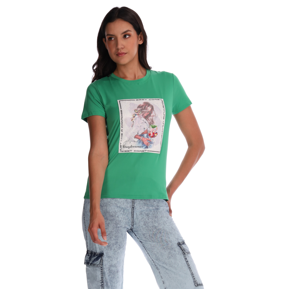 Playera Red Sky Mujer Estampada Con Decoración De Piedras | DelSol
