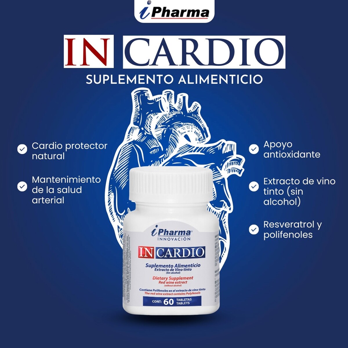 Tabletas iPharma In Cardio con Extracto de Vino 60 Tabletas | DelSol
