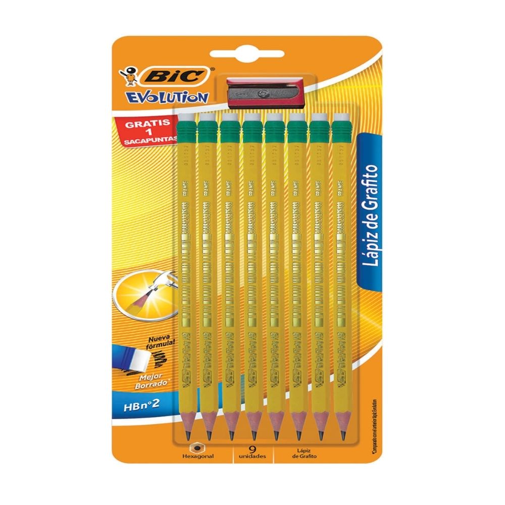 Lápiz Grafito Bic Evolution Amarillo con Sacapuntas 9 Piezas | DelSol