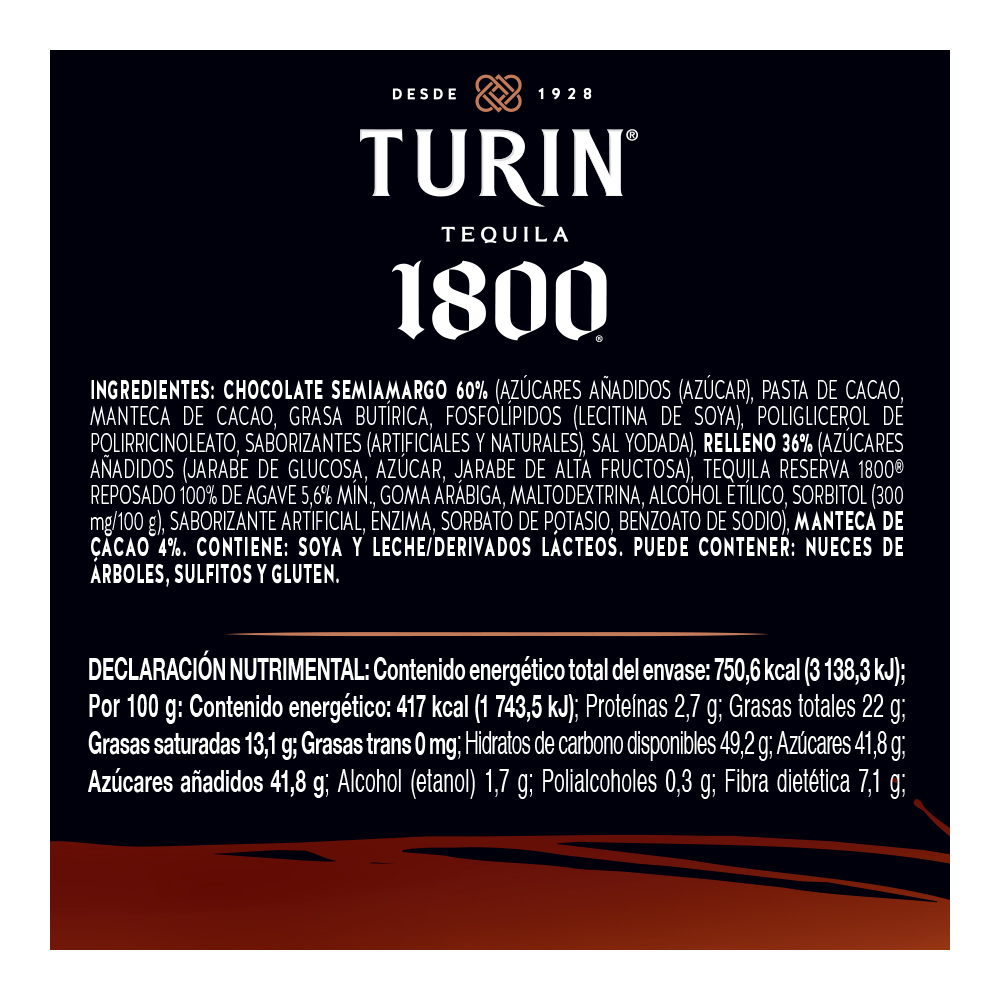 Chocolates Turin Tequila 1800 Tubo 180 g | DelSol