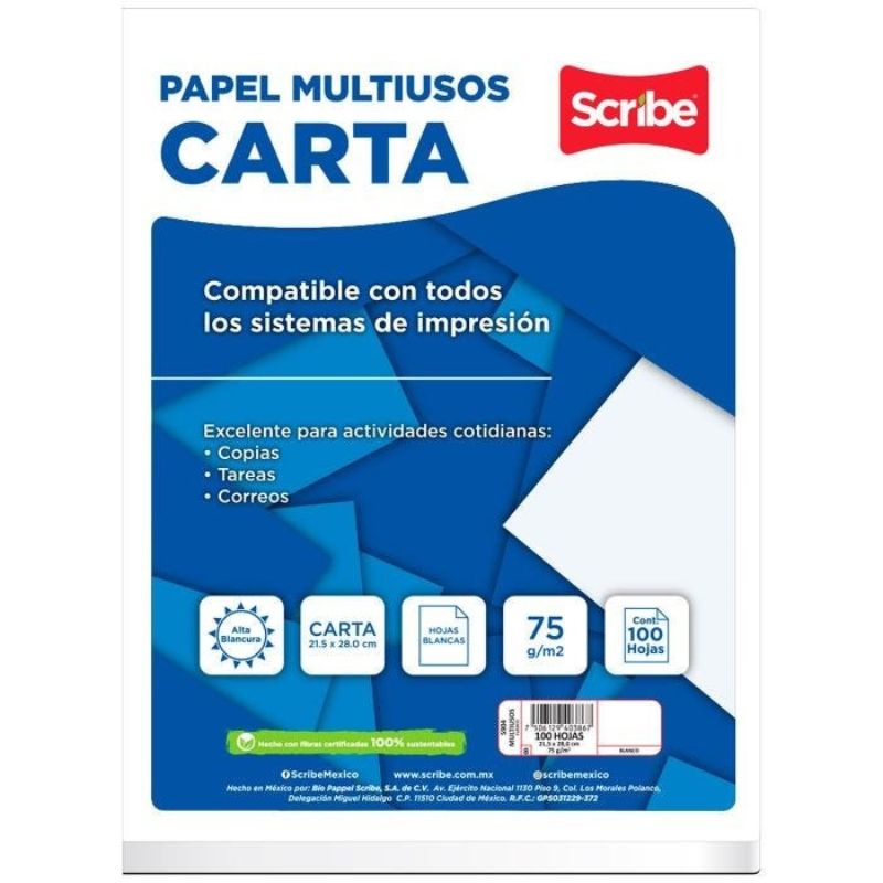 Papel Multiusos Scribe Tamaño Carta Blanco 100 Hojas | DelSol
