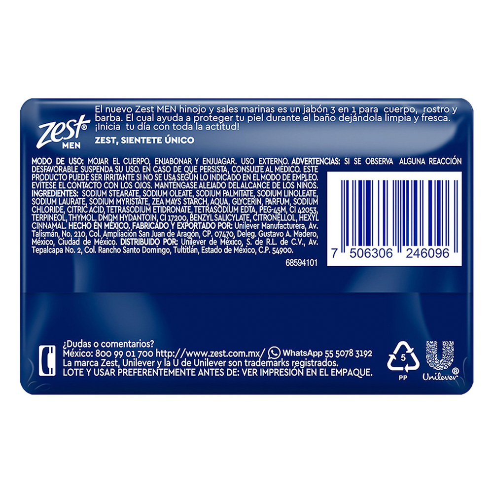 Jabón en Barra 3 en 1 Zest Men Hinojo y Sales Marinas 135 g | DelSol