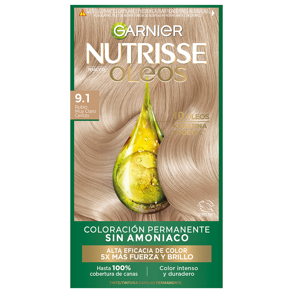 Tinte para Cabello Garnier Nutrisse Oleos Rubio Muy Claro Cenizo 9.1 ...