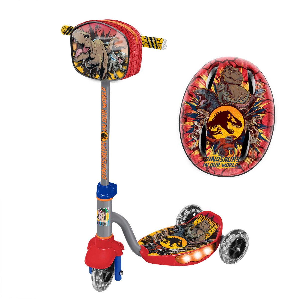 Scooter Tres Ruedas Apache Jurassic World con Luces y Casco | DelSol