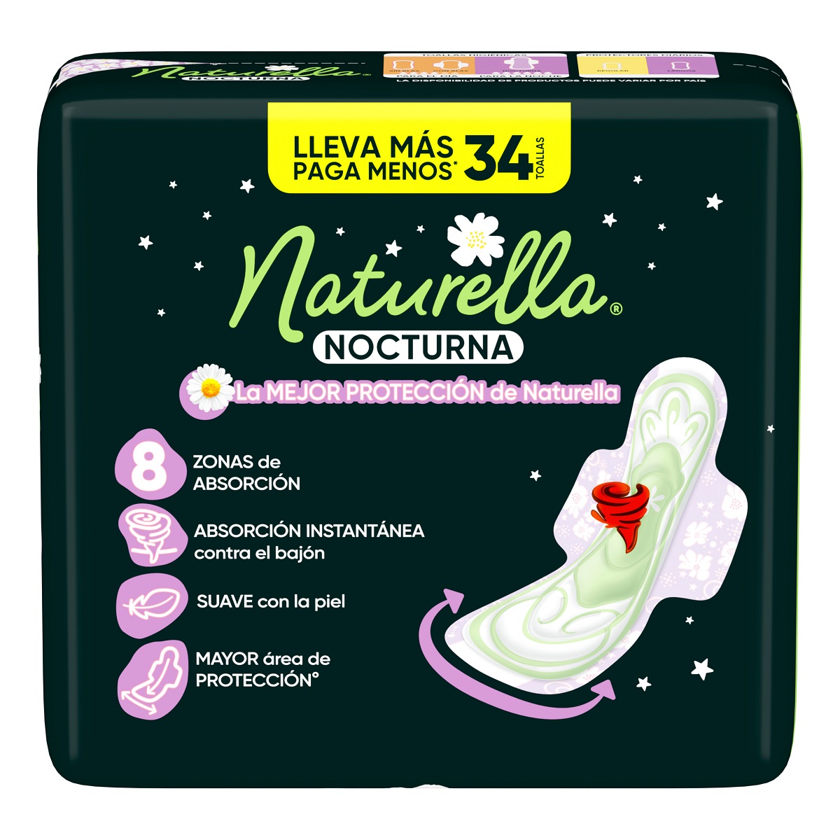 Toallas Femeninas Naturella Nocturna con Alas Flujo Súper Abundante 34 ...