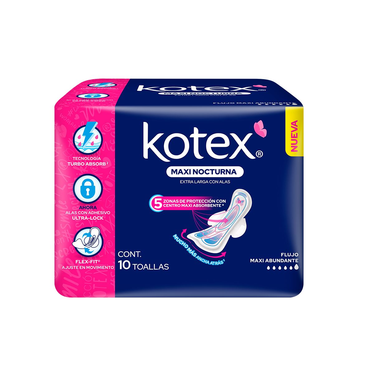 Toallas Femeninas Kotex Maxi Nocturna Extra Larga con Alas 10 Piezas ...