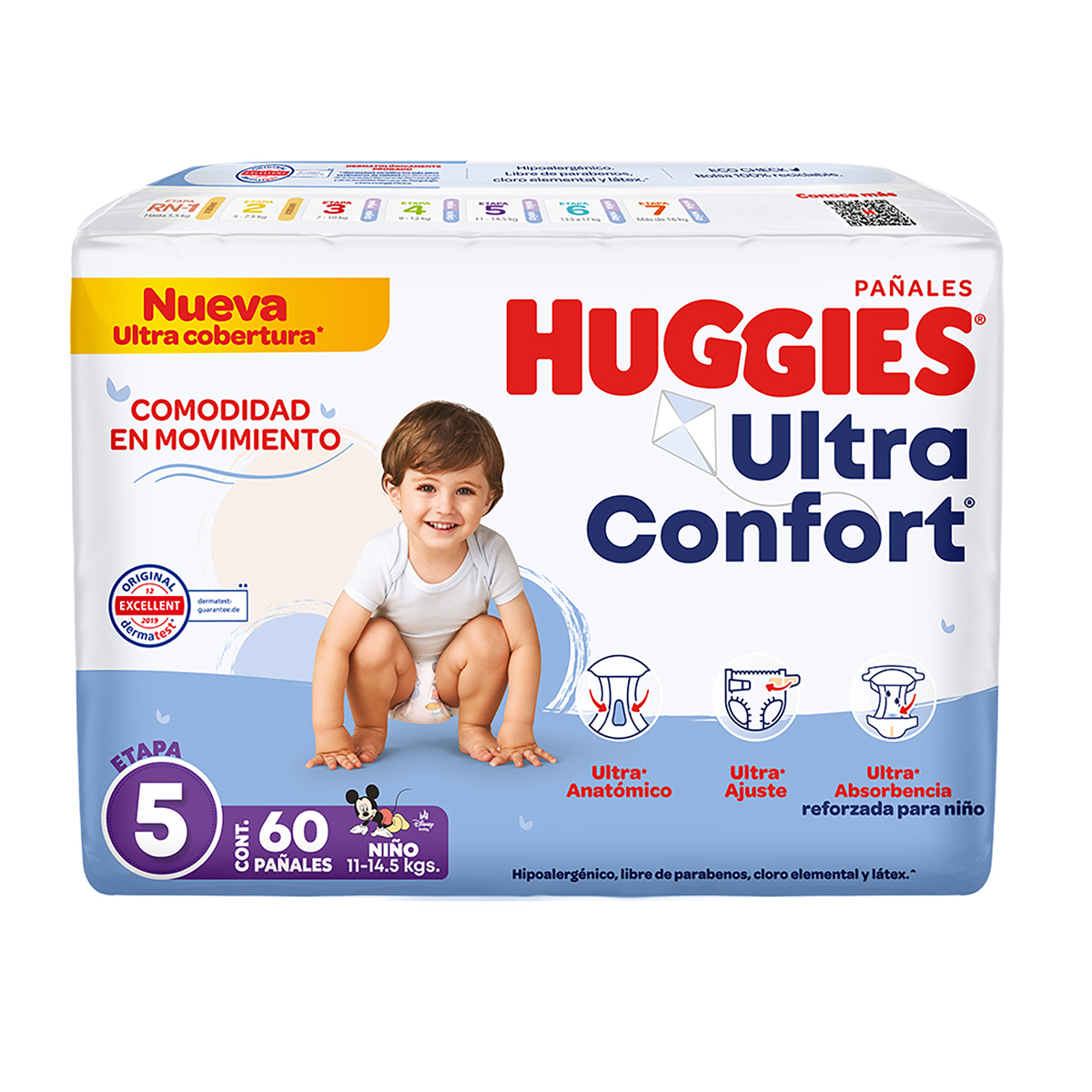 Pañales Huggies UltraConfort Etapa 5 Niño 60 Piezas | DelSol