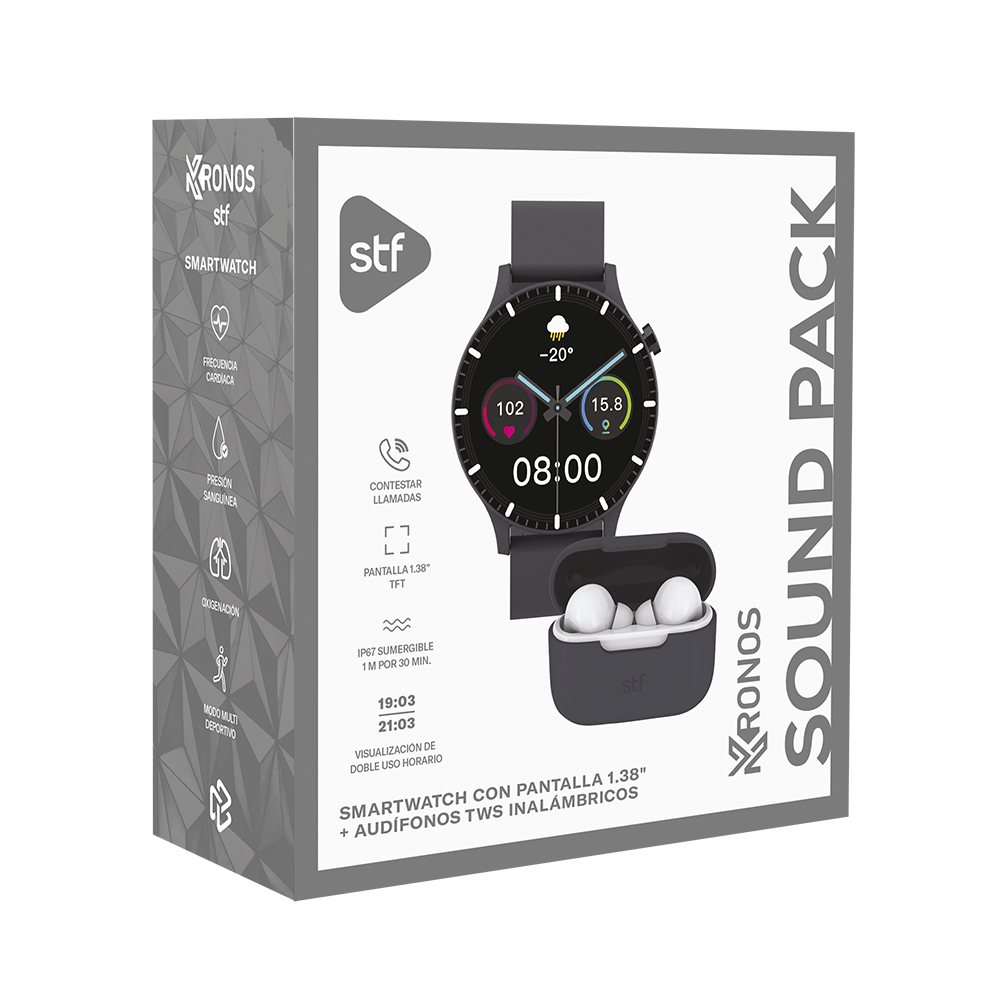 Smartwatch STF Kronos Sound Pack 1.38 Pulgadas y Audífonos TWS Grafito ...